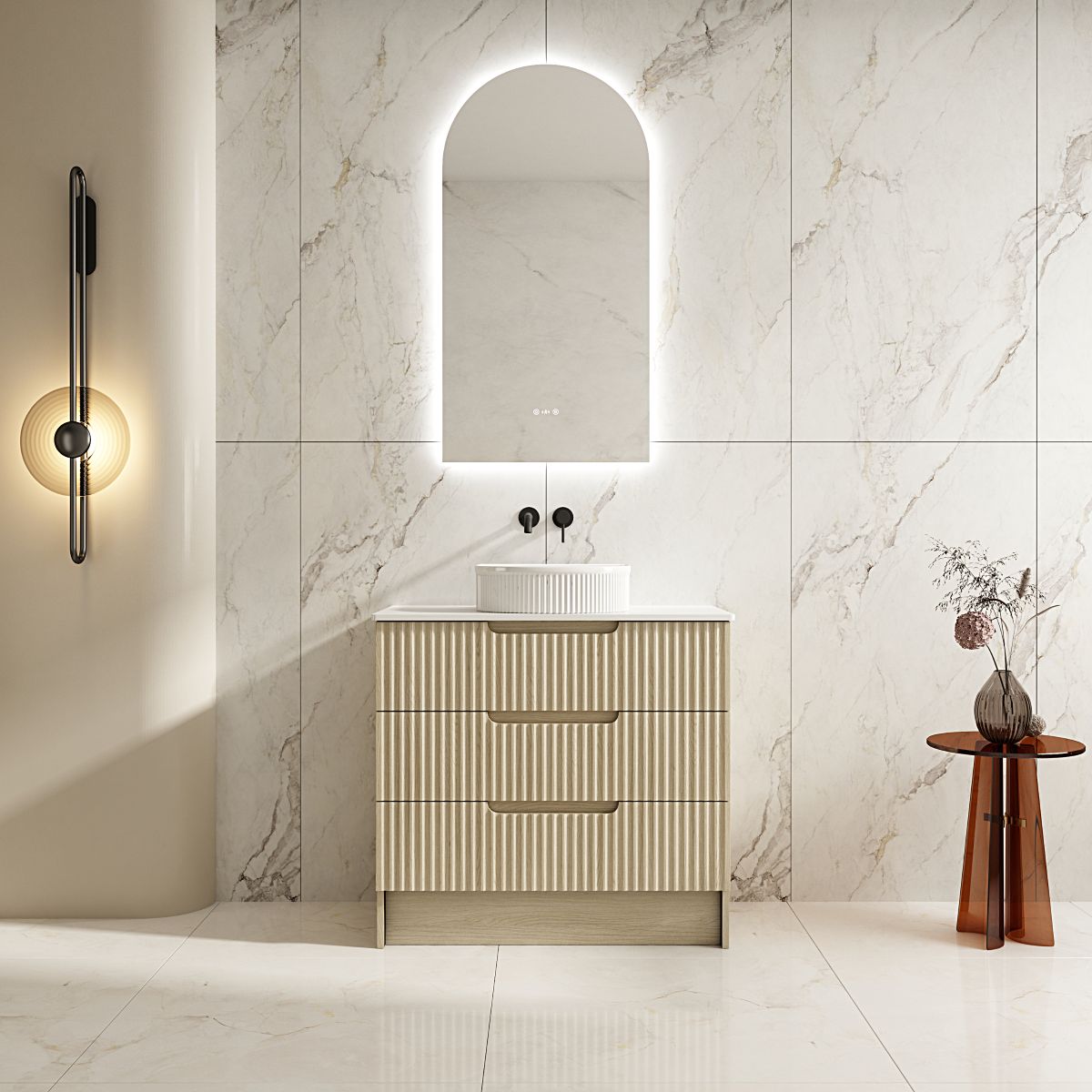 Fluted Rhea 900mm Freestanding Cabinet - Natural Oak – Mercio